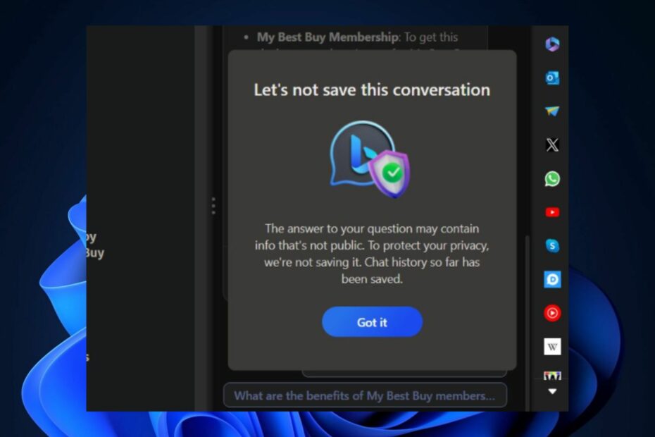 Bing Chat won't save the conversation if the information is private